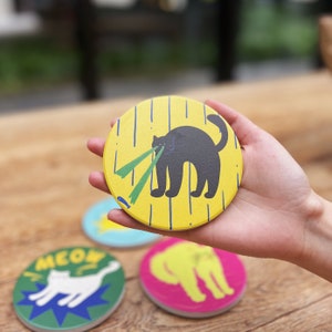 Set of 4 Colorful Cat Ceramic Coaster Set W. Protective Cork Backing ...