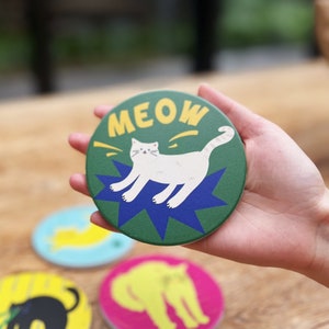 Set of 4 Colorful Cat Ceramic Coaster Set W. Protective Cork Backing ...