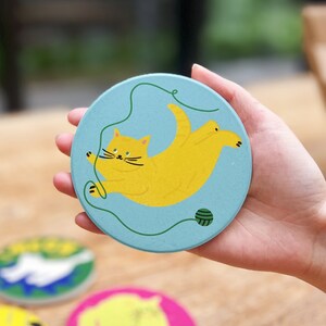 Set of 4 Colorful Cat Ceramic Coaster Set W. Protective Cork Backing ...