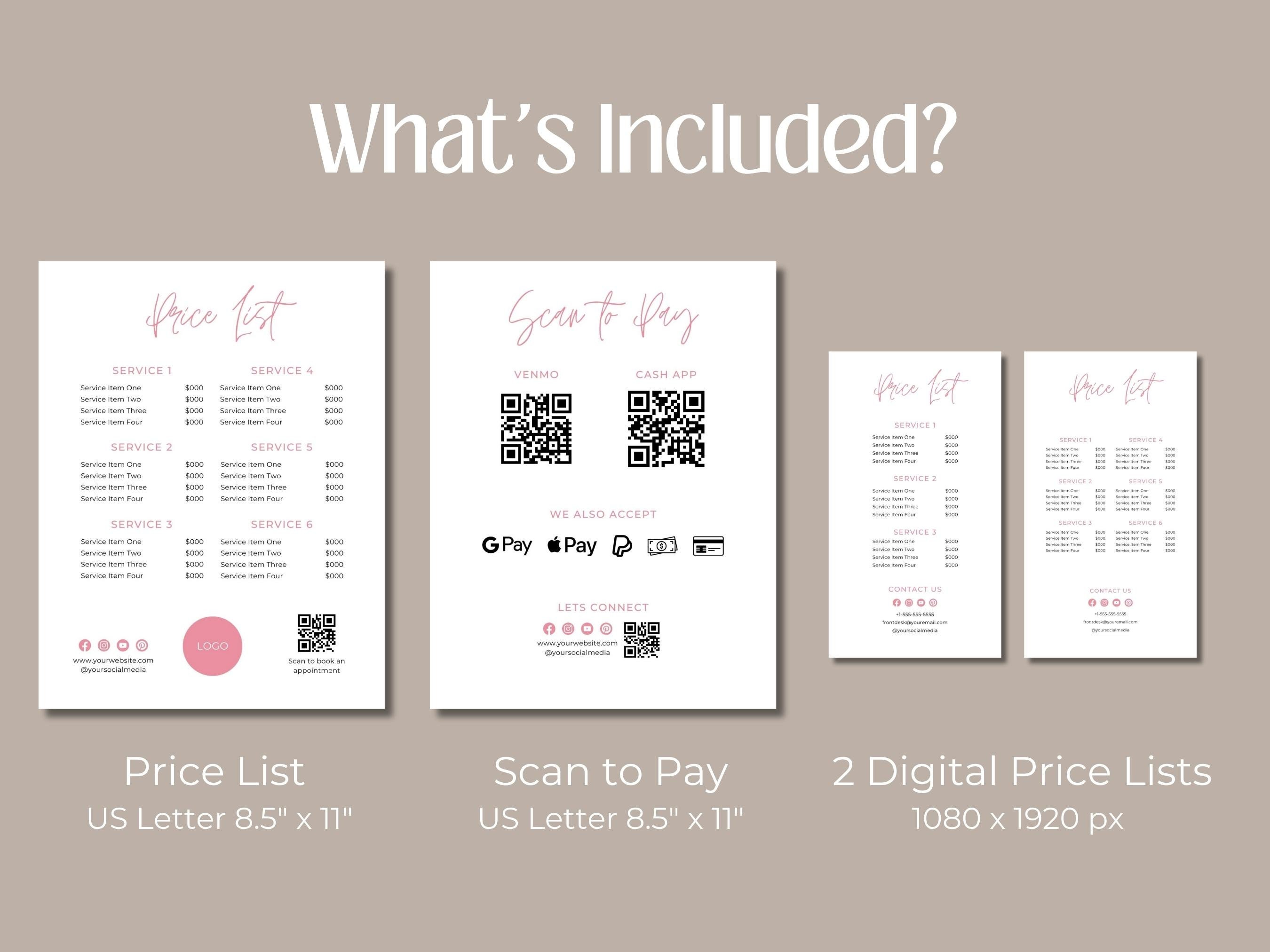 Price List Template Scan to Pay QR Code Sign Beauty Salon - Etsy