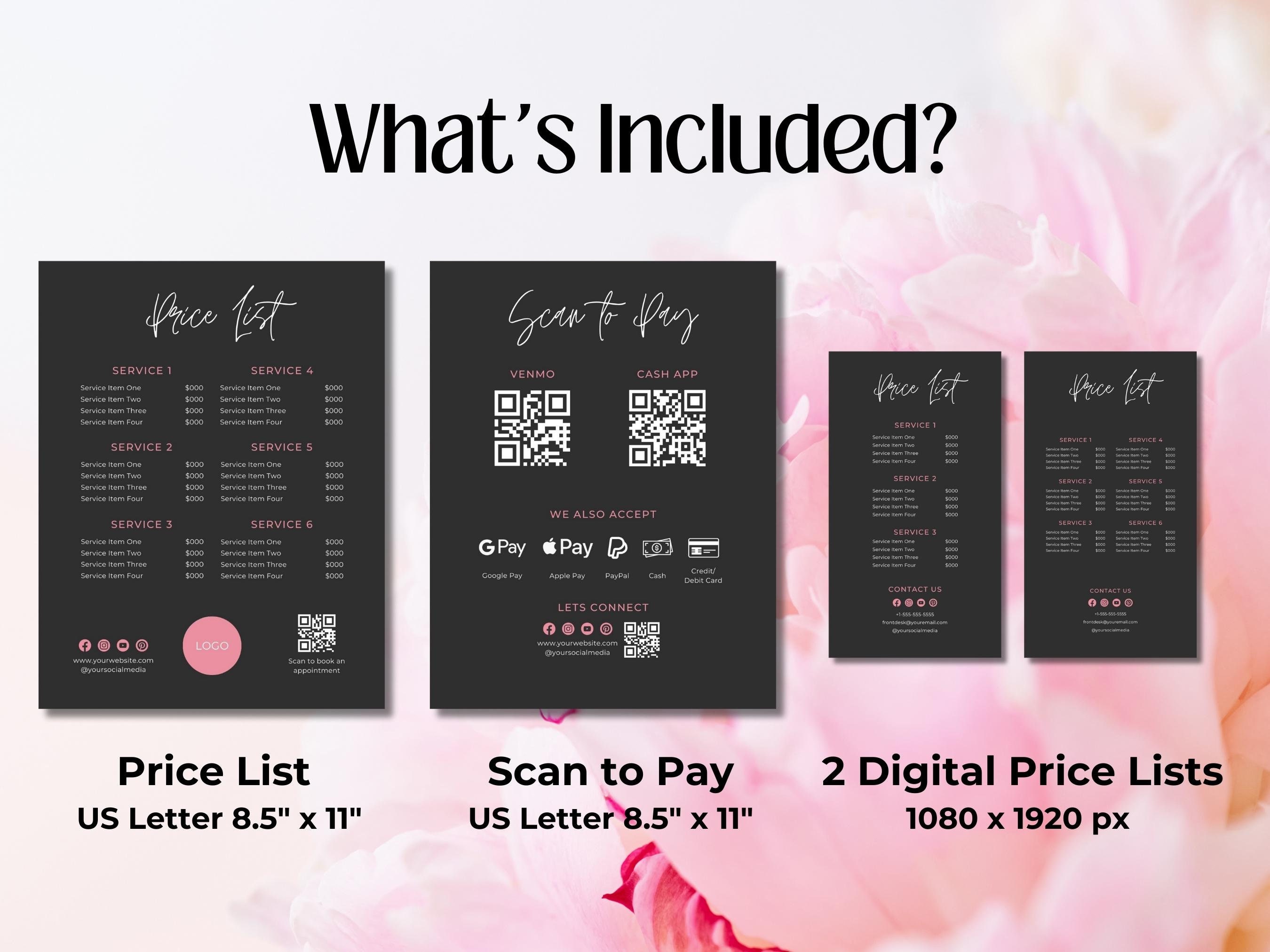 Price List Template Scan to Pay QR Code Sign Beauty Salon - Etsy
