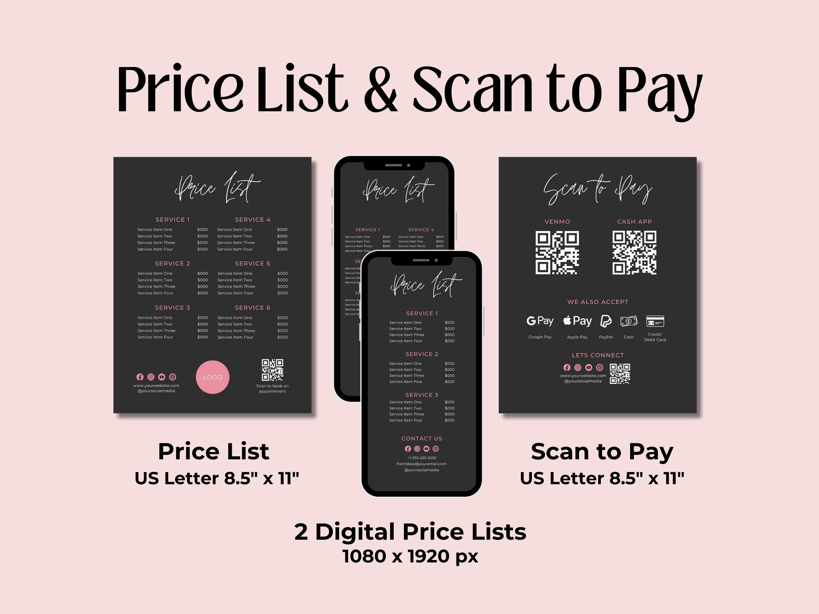 Price List Template Scan to Pay QR Code Sign Price Sheet - Etsy