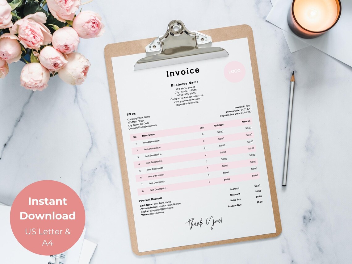 Invoice Template, Editable Printable, Small Business Order Form, Custom ...