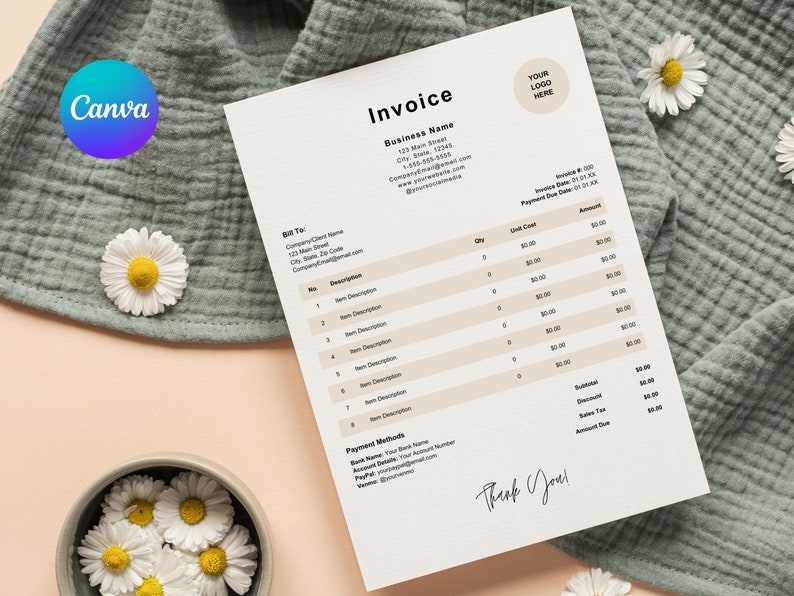Invoice Template, Editable, Printable, Small Business, Digital Download ...