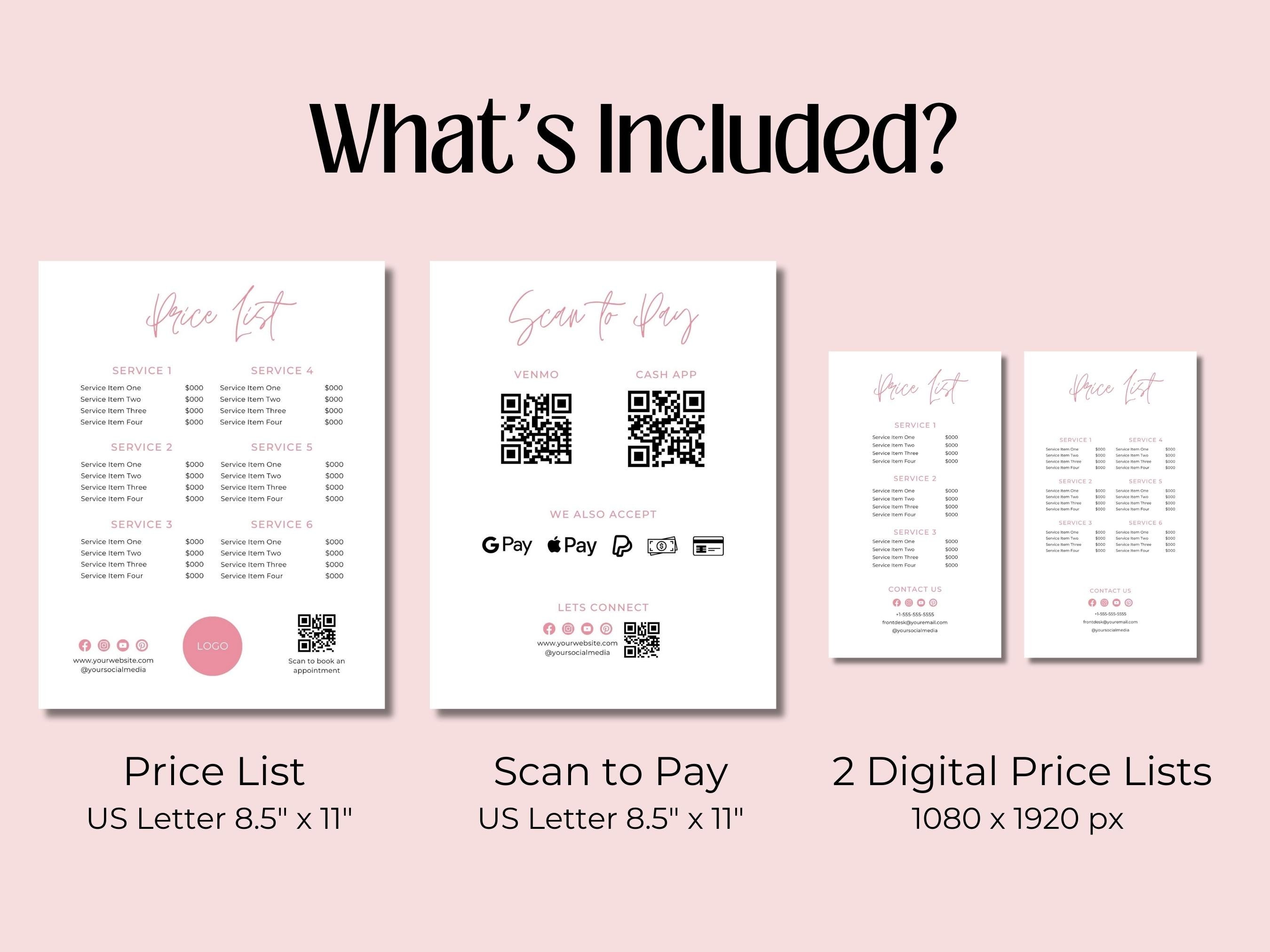 Price List Template Scan to Pay QR Code Sign Beauty Salon - Etsy
