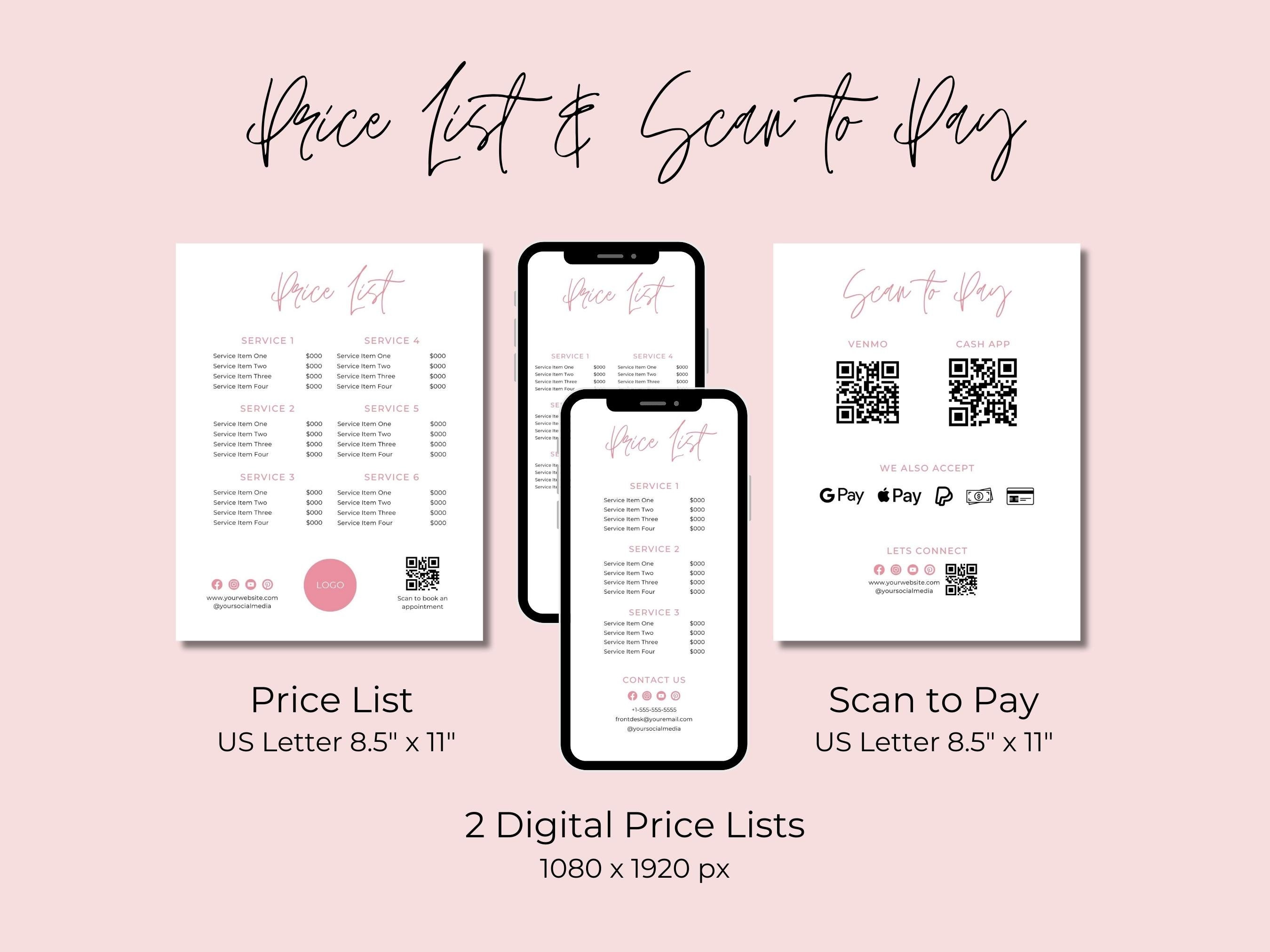 Price List Template Scan to Pay QR Code Sign Beauty Salon - Etsy