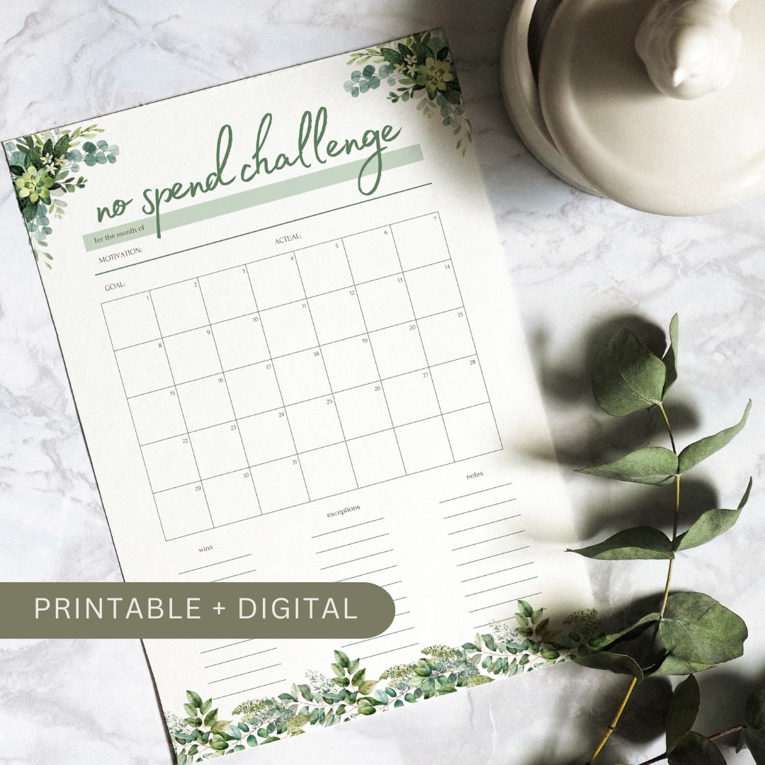 No Spend Month Tracker Greenery No Spend Challenge Savings Challenge ...