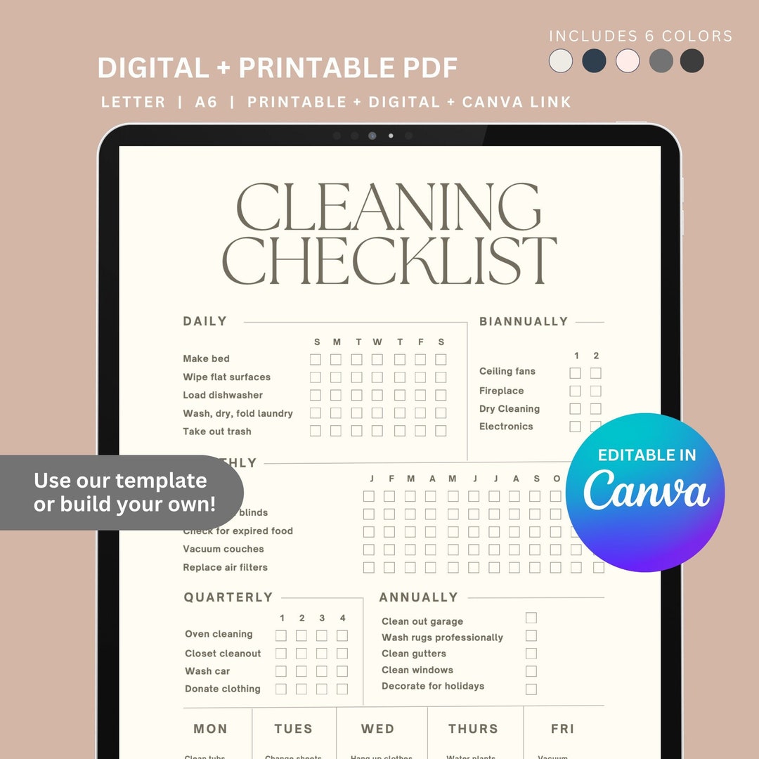 ULTIMATE Cleaning Checklist - 6 Colors - Canva Editable - Cleaning ...