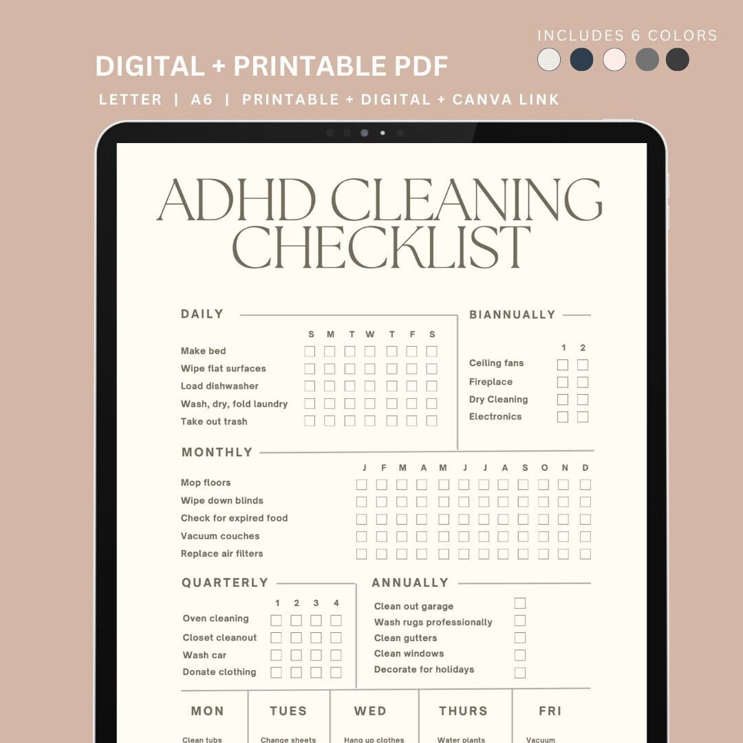 ADHD Cleaning Checklist Printable - 6 Colors - Cleaning Planner - 2023 ...