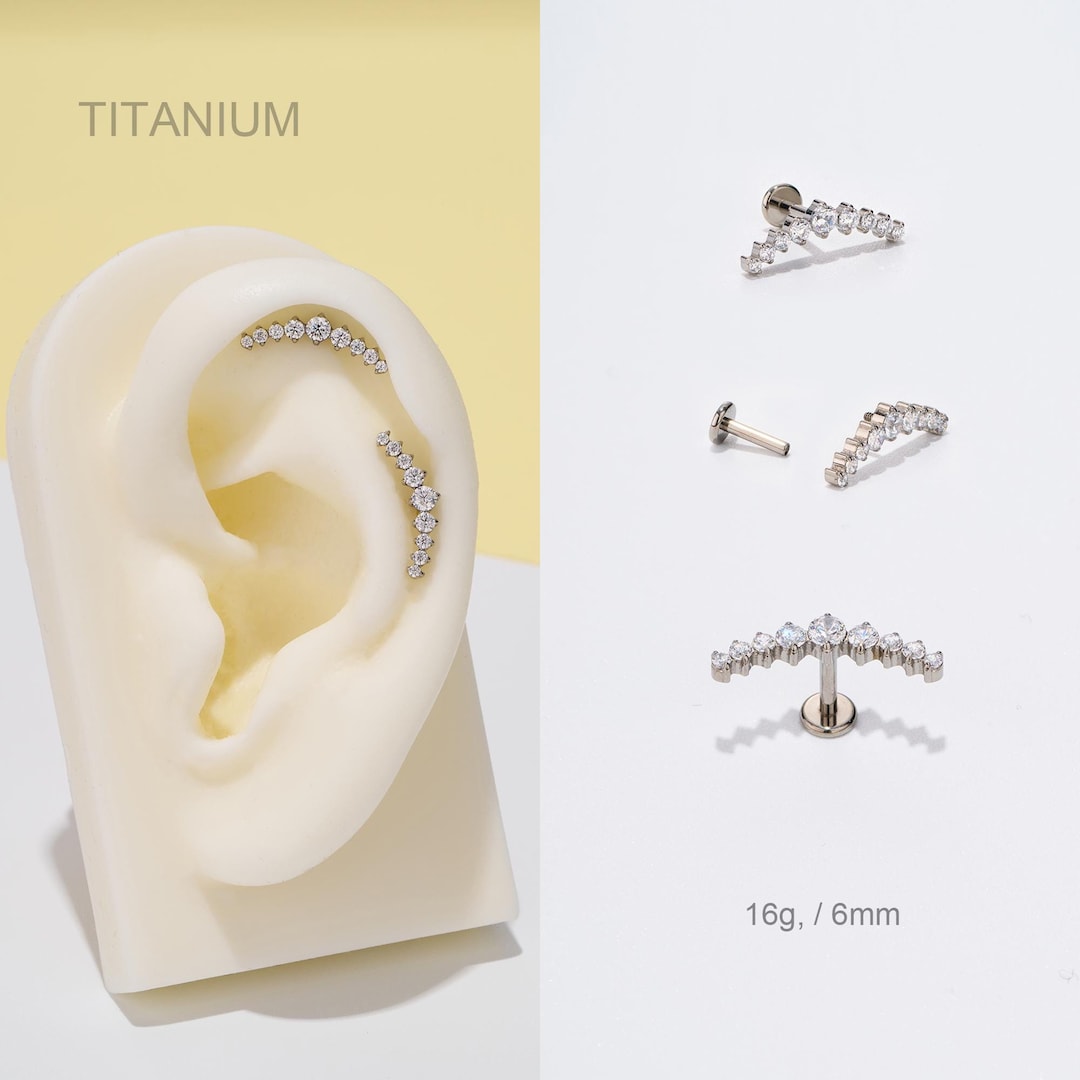 16G Titanium Internally Threaded CZ Curved Bar Piercing/inner Conch ...