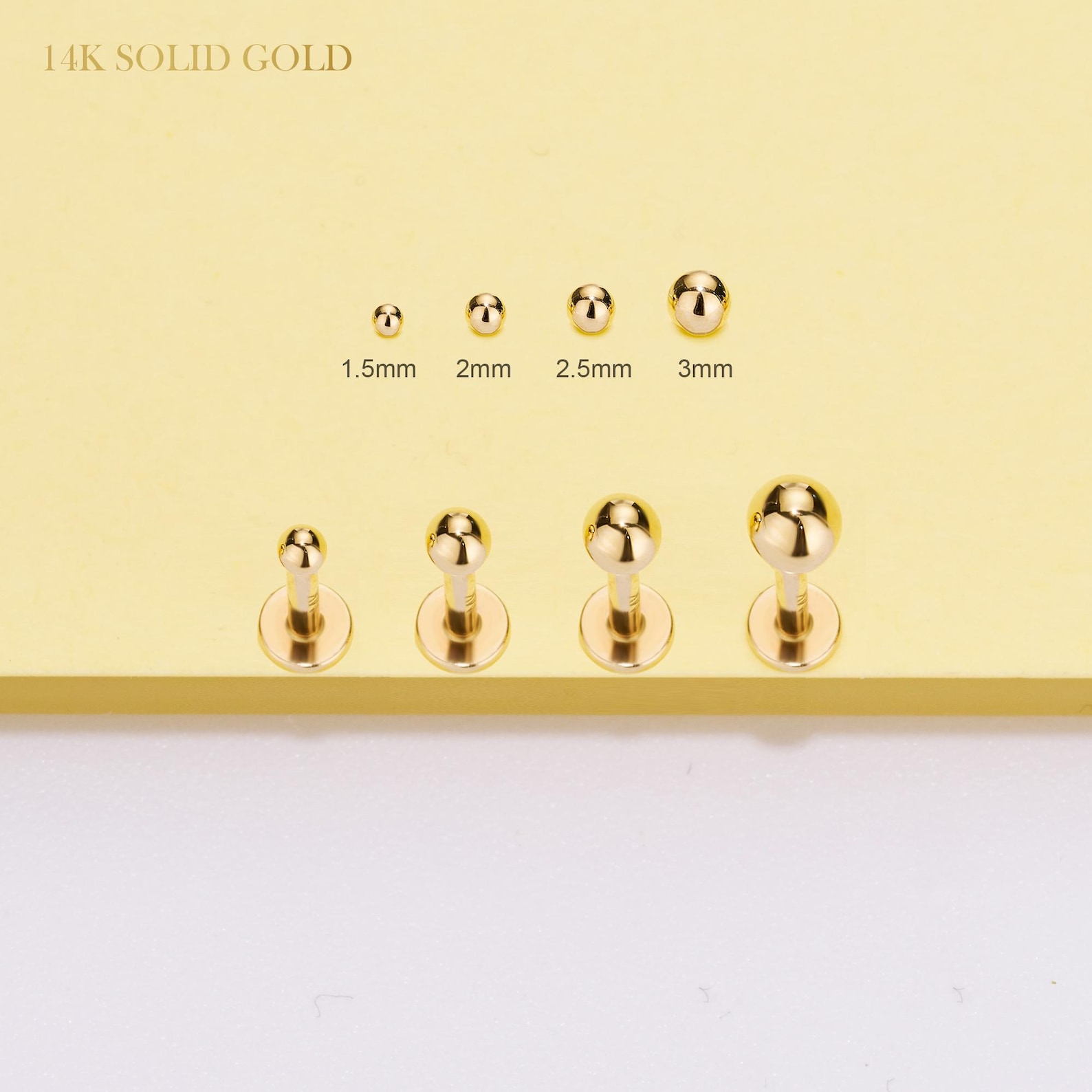 14K Solid Gold THREADLESS Push Pin Tiny Ball End Flat Back 16G/18G/20G ...