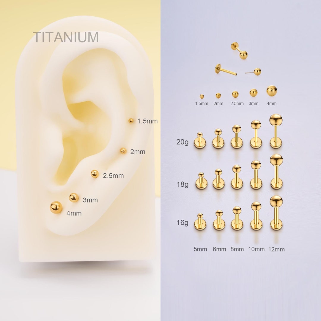 20G/18G/16G Titanium Gold Ball Stud Push Pin Labret/threadless Flat ...