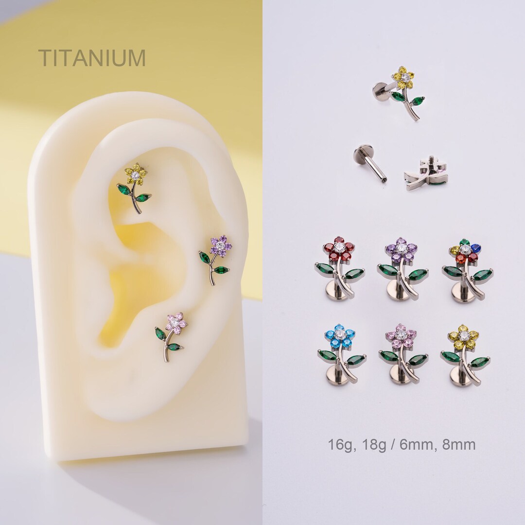 16G Titanium Flower & Leaf Cartilage Stud/internally Threaded Flower ...