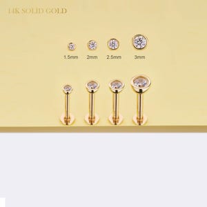 14K Solid Gold THREADLESS Push Pin Bezel CZ Flat Back 16G/18G/20G ...