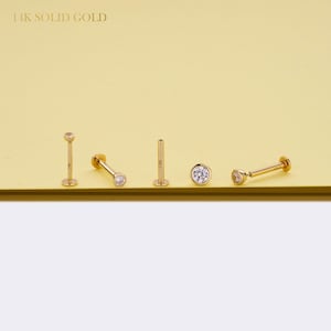 14K Solid Gold THREADLESS Push Pin Bezel CZ Flat Back 16G/18G/20G ...