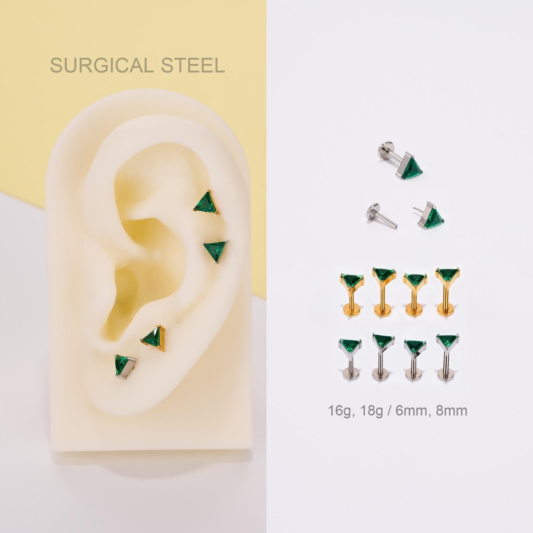 16G 18G Green Bezel Triangle CZ Threadless Earring/push Pin Labret Stud ...