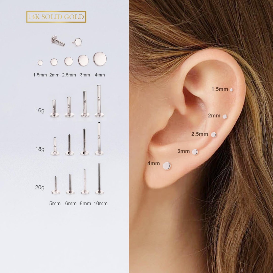 14K White Gold THREADLESS Tiny Disc Push Pin Flat Back 16G/18G/20G ...