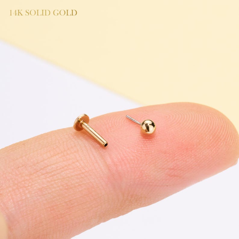 14K Solid Gold THREADLESS Push Pin Tiny Ball End Flat Back 16G/18G/20G ...