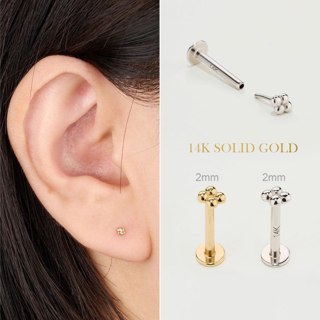 14K Threadless Cartilage Earring/push Pin Flat Back Stud Earring/four ...
