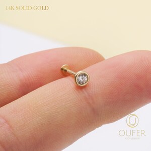 14K Solid Gold THREADLESS Push Pin Bezel CZ Flat Back 16G/18G/20G ...