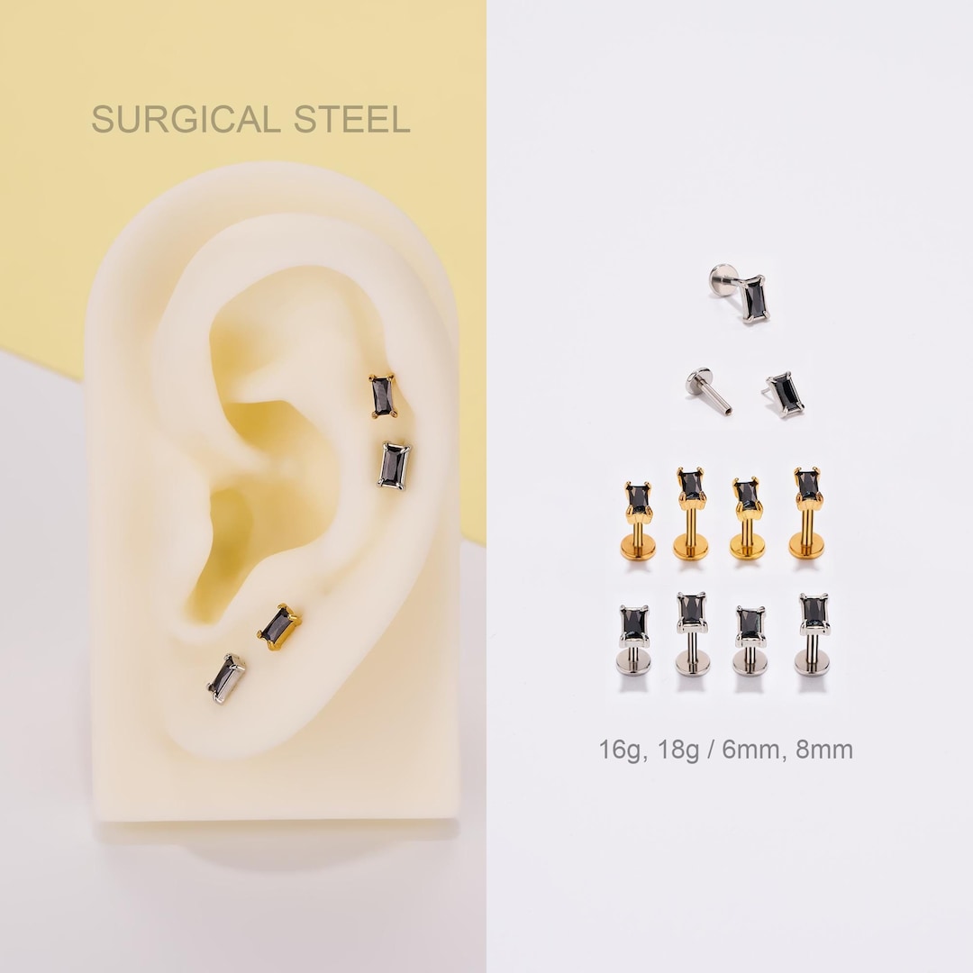 16G 18G Black Rectangle CZ Threadless Push Pin Labret/flat Back Earring ...
