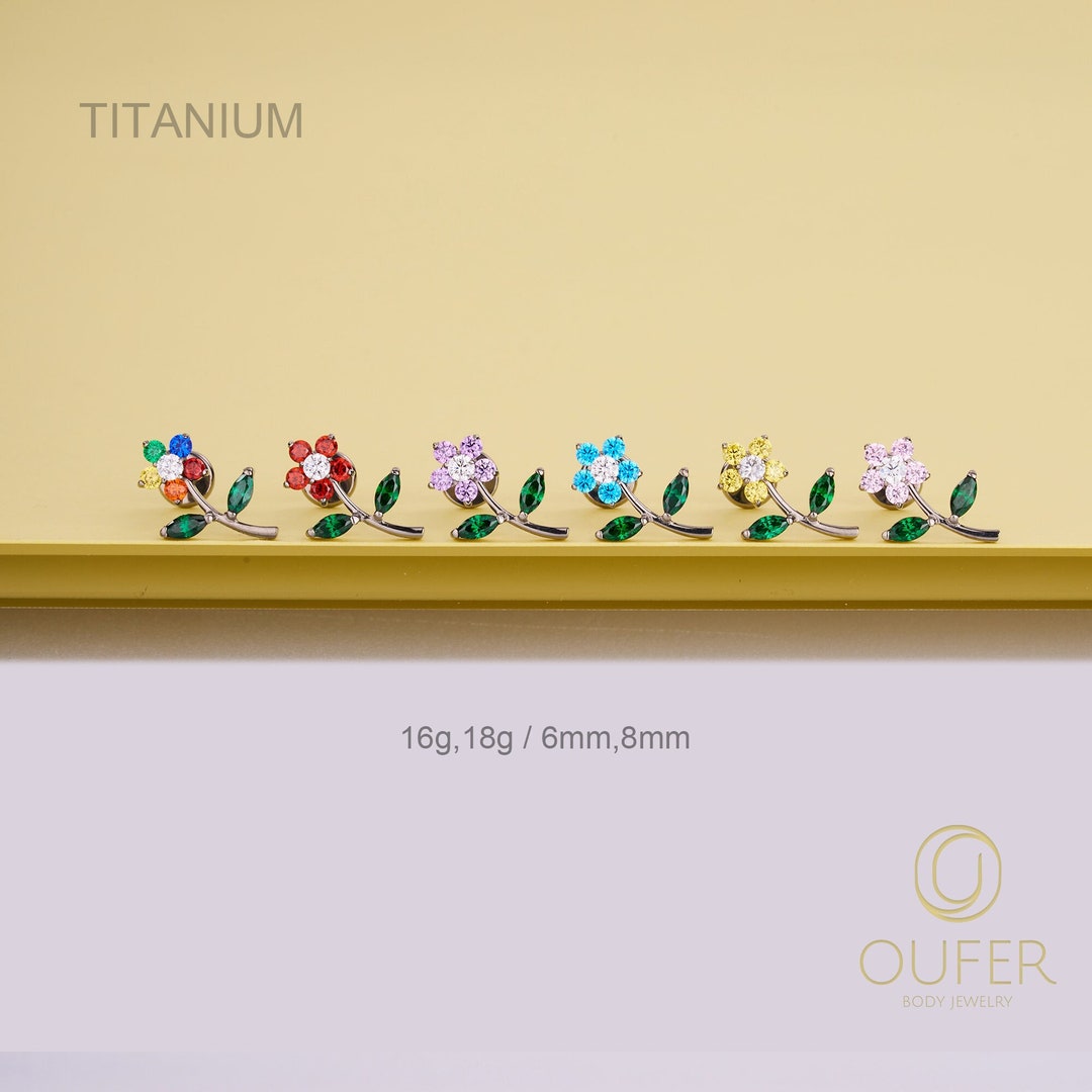 16G Titanium Flower & Leaf Cartilage Stud/internally Threaded Flower ...