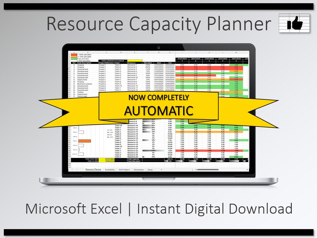 AUTOMATIC Resource Capacity Excel Template Resource Planner Resource ...