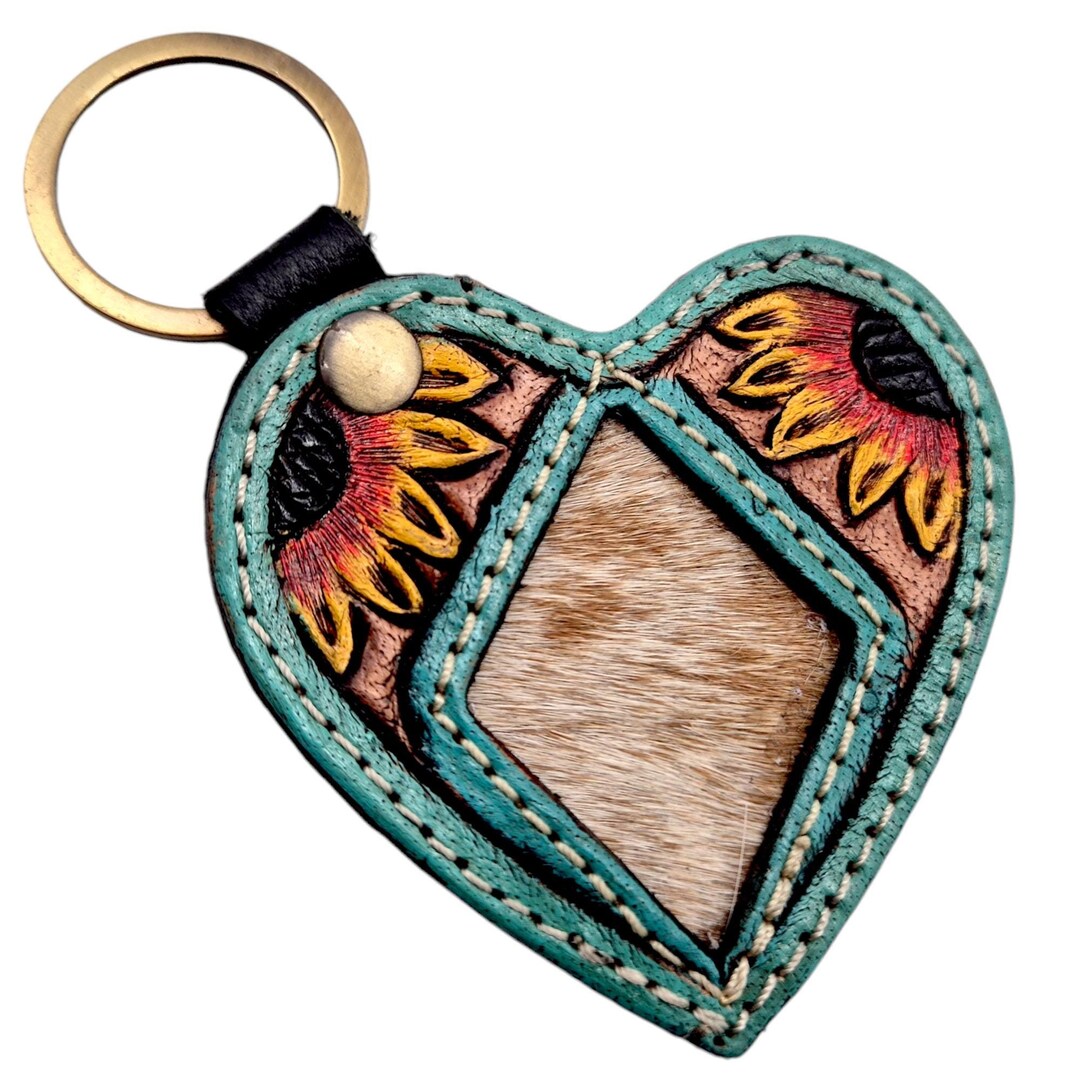 Tooled Leather Cowhide Keychain – Sunflower Heart or Cattle Tag - Etsy