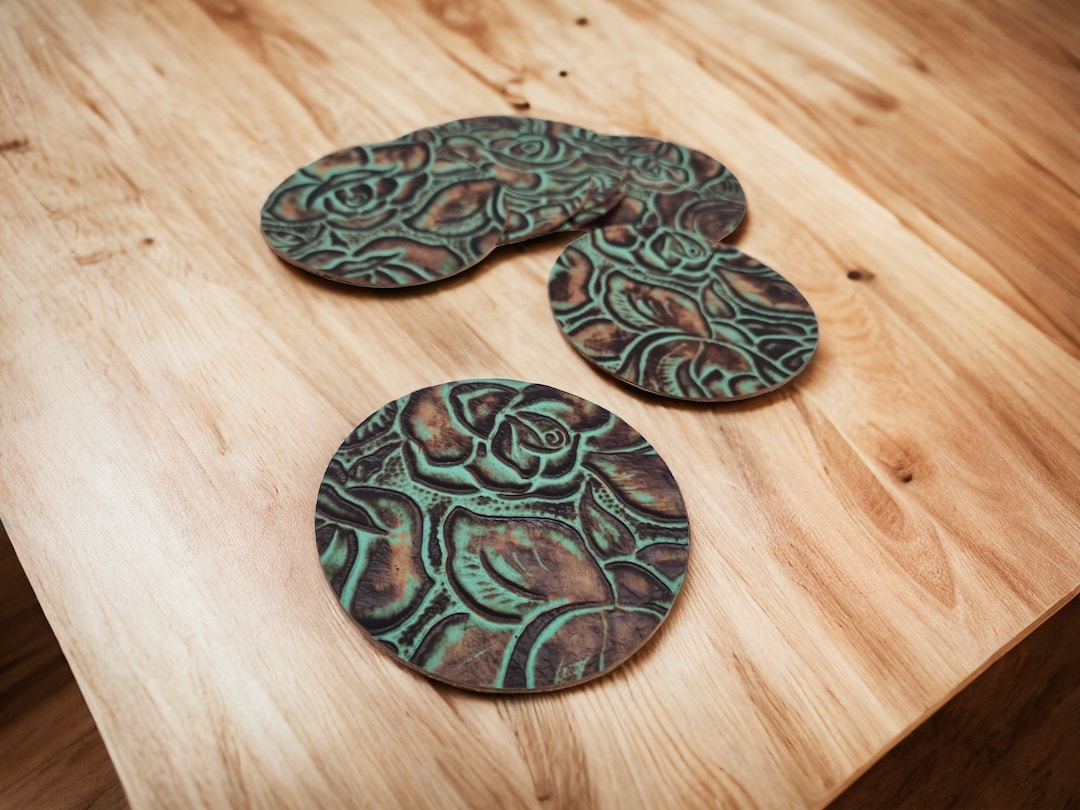 Embossed Leather Coasters - Turquoise & Brown Roses, Set of 6 - Etsy