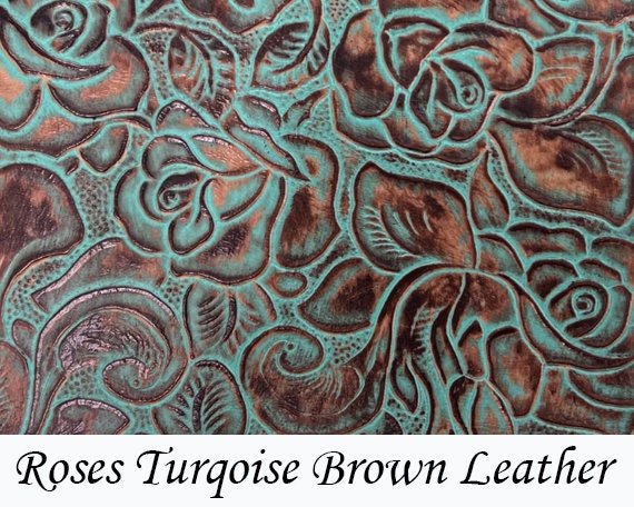 Genuine Embossed Leather Roses Pattern Turquoise & Brown Pieces/sheets ...