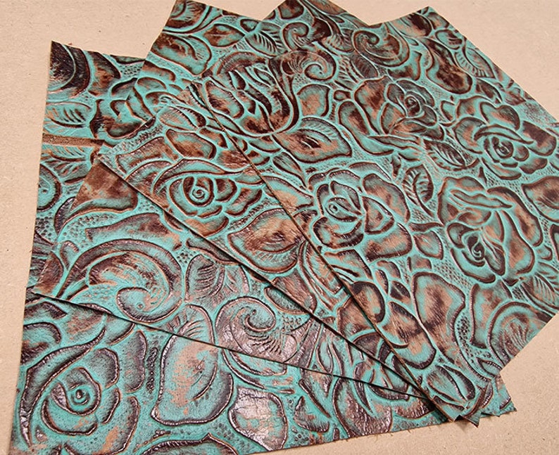 Genuine Embossed Leather Roses Pattern Turquoise & Brown Pieces/sheets ...