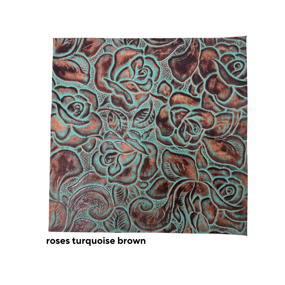 Genuine Embossed Leather Roses Pattern Turquoise & Brown Pieces/sheets ...