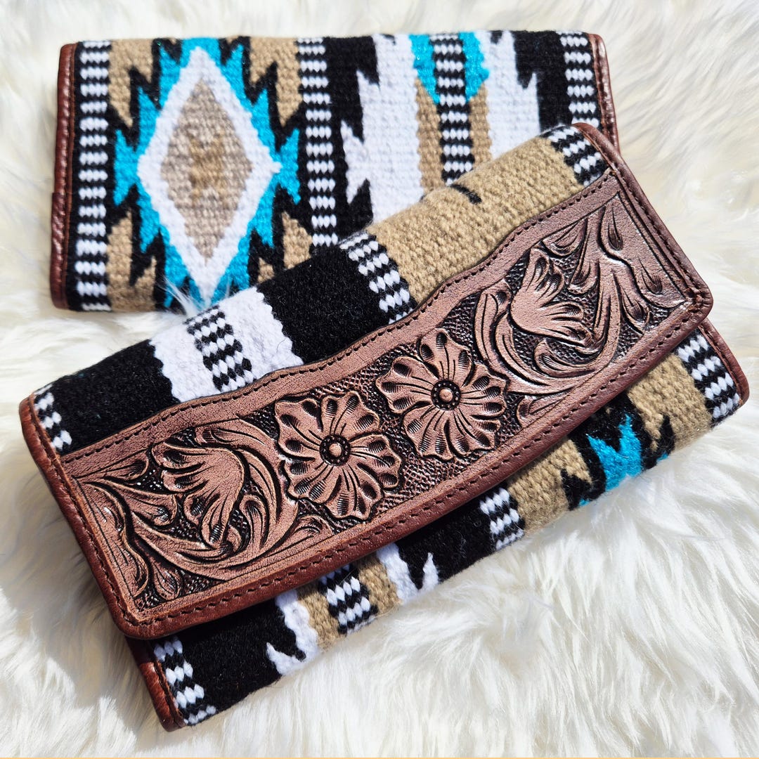 Boho Style Wallet Purse - Tri-fold Design - Aztec Style Wool & Genuine ...