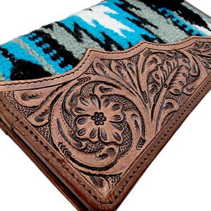 Southwestern Aztec Style Wool & Tooled Genuine Leather Trim Wallet ...