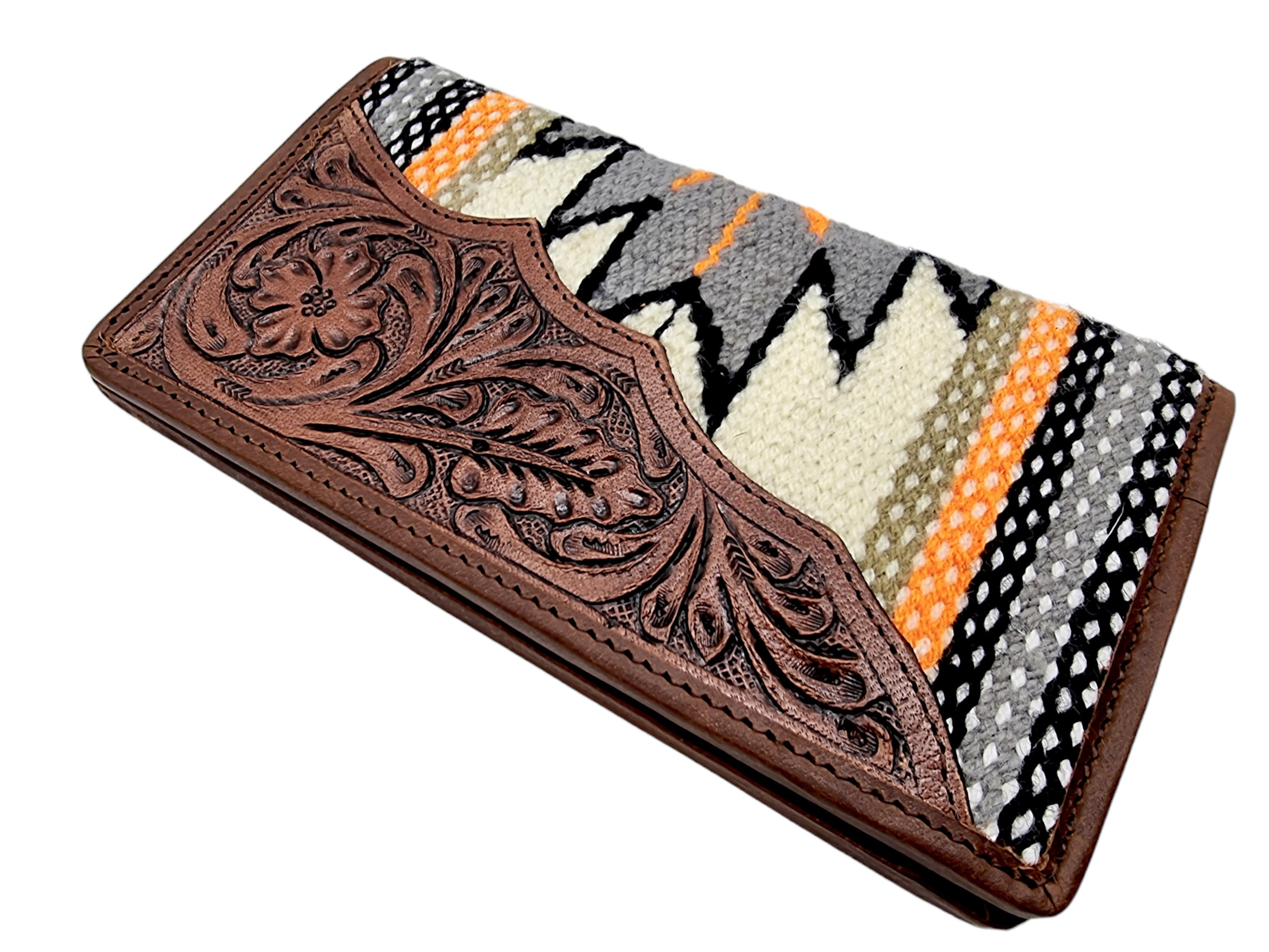 Southwestern Aztec Style Wool & Tooled Genuine Leather Trim Wallet ...