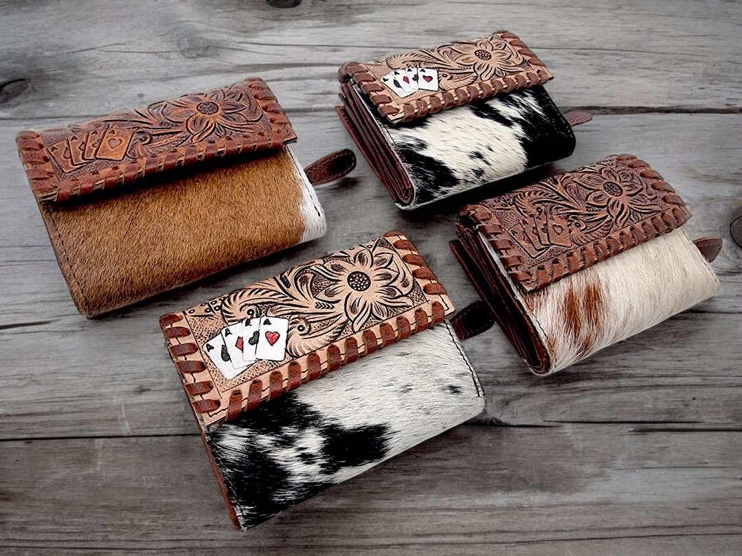 Southwestern Style Genuine Cowhide & Tooled Leather Trim Lady's Wallet ...