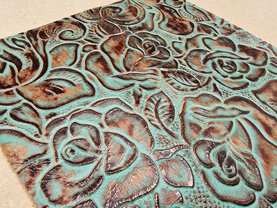 Genuine Embossed Leather Roses Pattern Turquoise & Brown Pieces/sheets ...