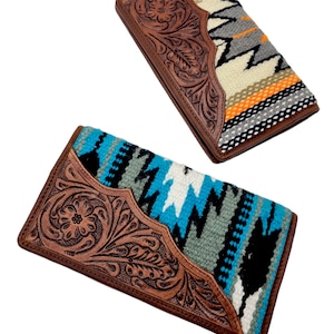 Southwestern Aztec Style Wool & Tooled Genuine Leather Trim Wallet ...