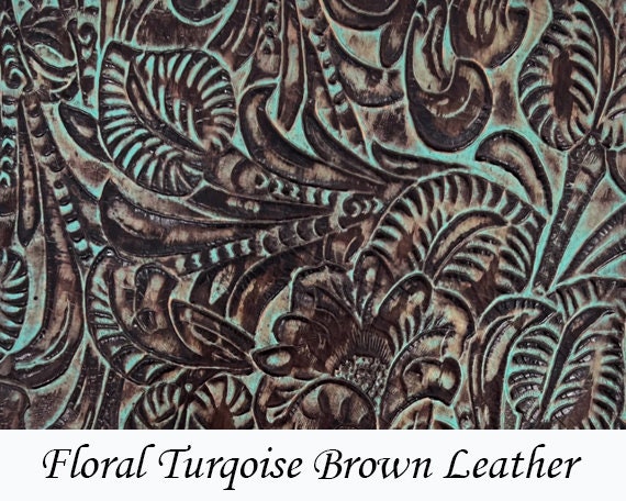 Genuine Embossed Leather Floral Pattern Turquoise & Brown Various Sizes ...