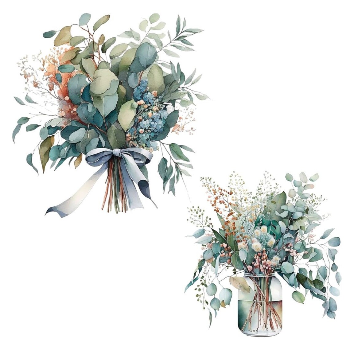 Eucalyptus Watercolor Clipart - Foliage Bouquet Frame Jar Arrangements ...