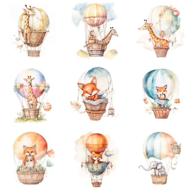 Watercolor Clipart Hotair Balloons Cute Animals in Hot Air Balloons ...