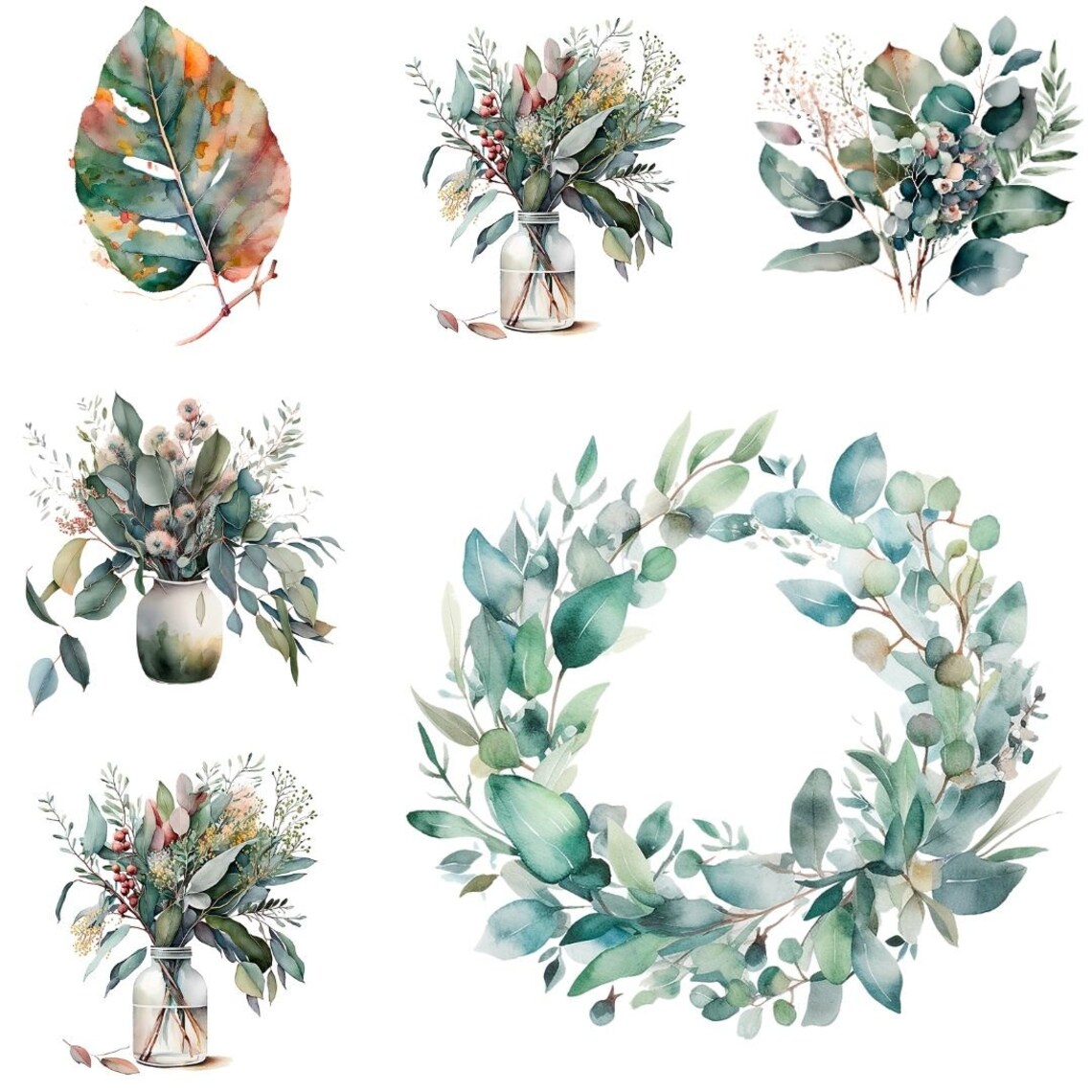 Eucalyptus Watercolor Clipart - Foliage Bouquet Frame Jar Arrangements ...