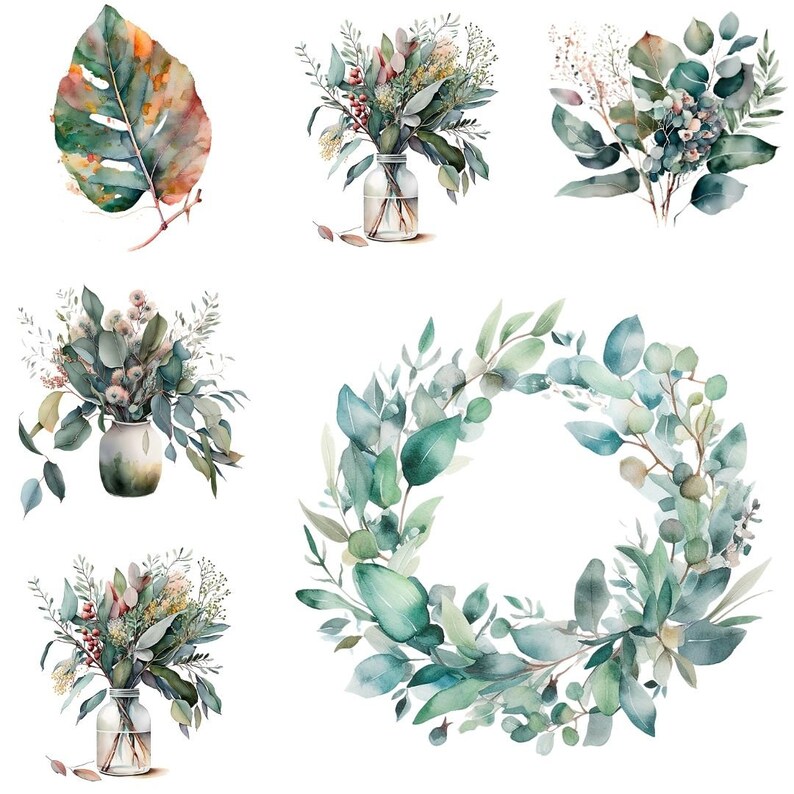 Eucalyptus Watercolor Clipart - Foliage Bouquet Frame Jar Arrangements ...