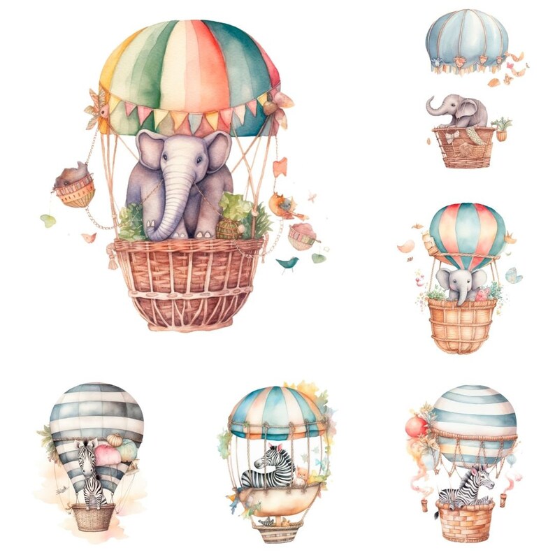 Watercolor Clipart Hotair Balloons Cute Animals in Hot Air Balloons ...