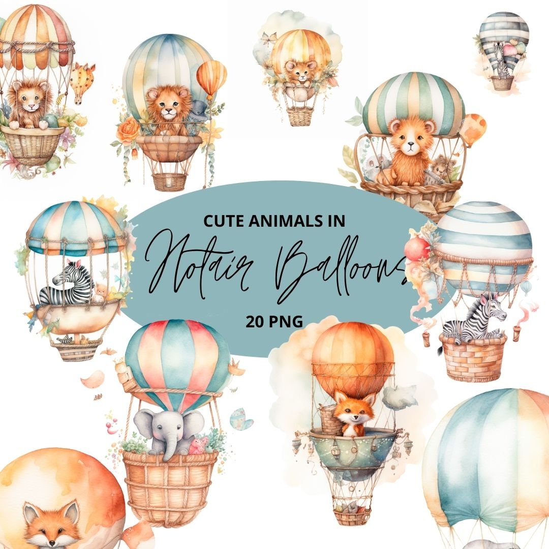 Watercolor Clipart Hotair Balloons Cute Animals in Hot Air Balloons ...