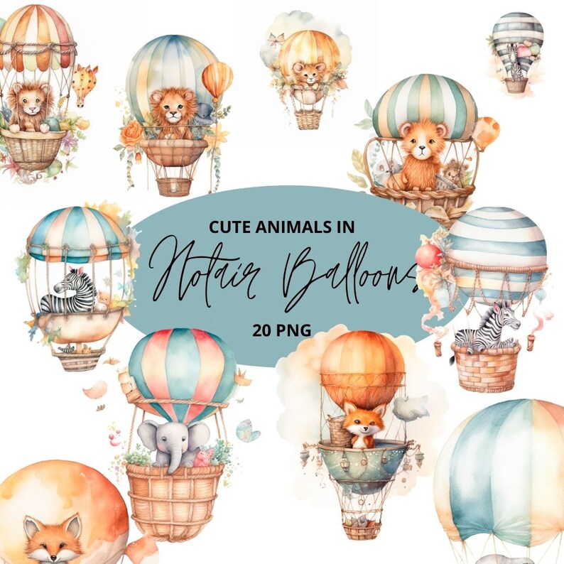 Watercolor Clipart Hotair Balloons Cute Animals in Hot Air Balloons ...