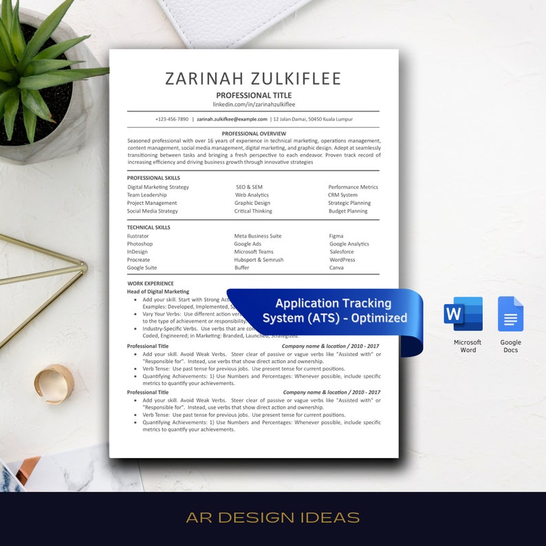 Editable ATS Optimized Professional Resume Template. Customizable ATS Friendly Professional ...
