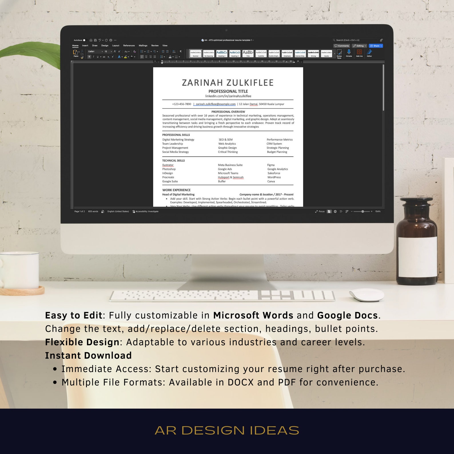 Editable ATS Optimized Professional Resume Template. Customizable ATS ...
