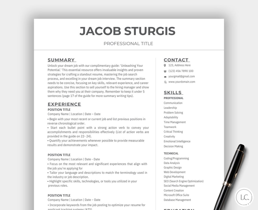 White Grey Modern Simple Resume Template for Google Docs - Etsy