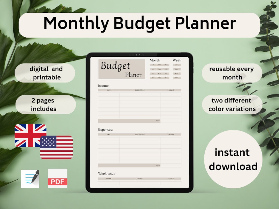 Digital and Printable Monthly Budget & Financial Planner: Reusable ...
